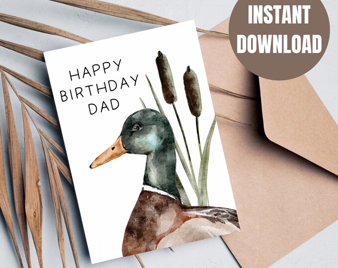 Printable Watercolor Duck Digital Birthday Card for Dad, Printable Duck ...