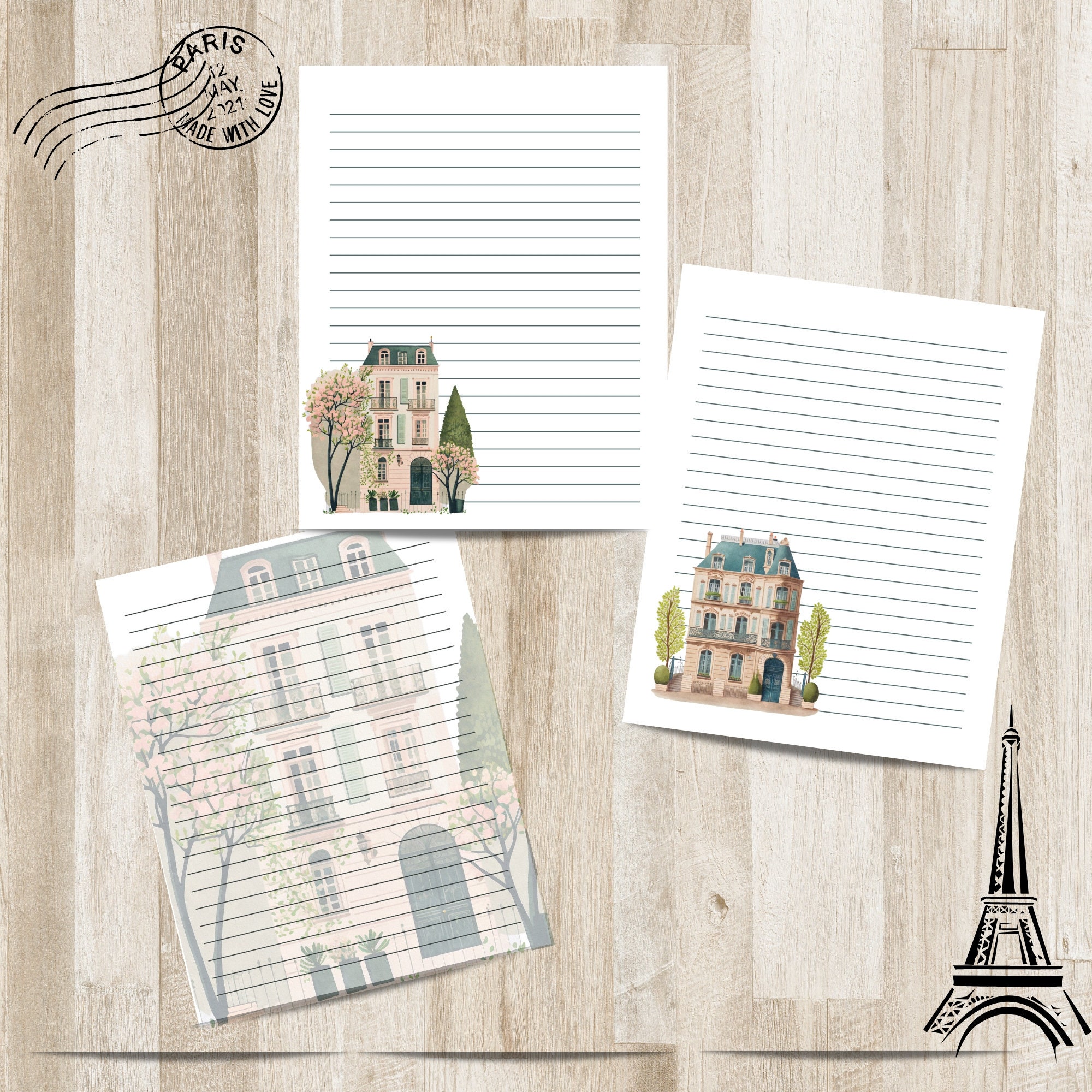 6 Page Pretty Paris Houses Printable Stationery Set, Paris Stationery ...