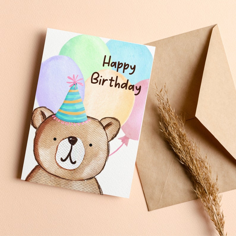 Printable Cute Bear Digital Birthday Card, Digital Printable Birthday ...