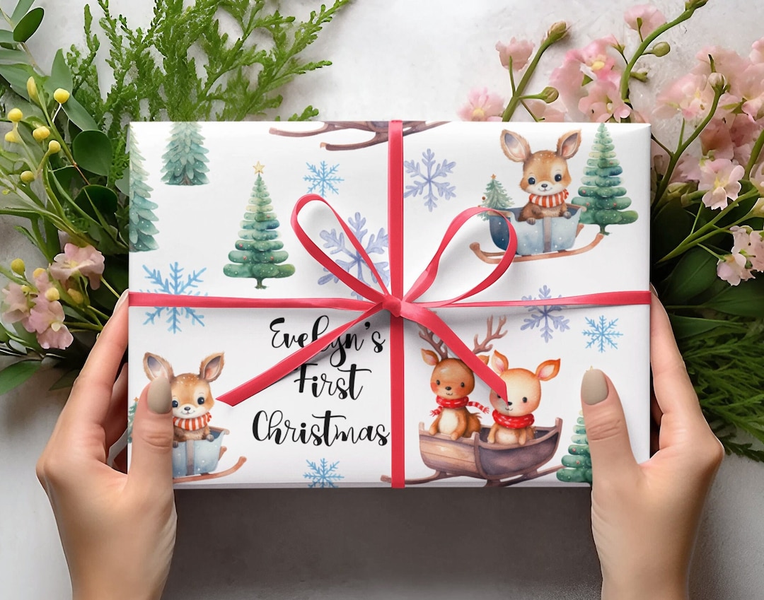 Personalized Cute Reindeer Baby's 1st Christmas Wrapping Paper ...