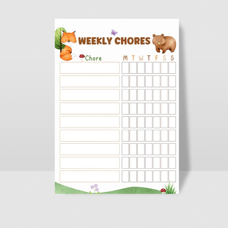 Woodland Animal Printable Kids Weekly Chore Chart, Printable Chore ...