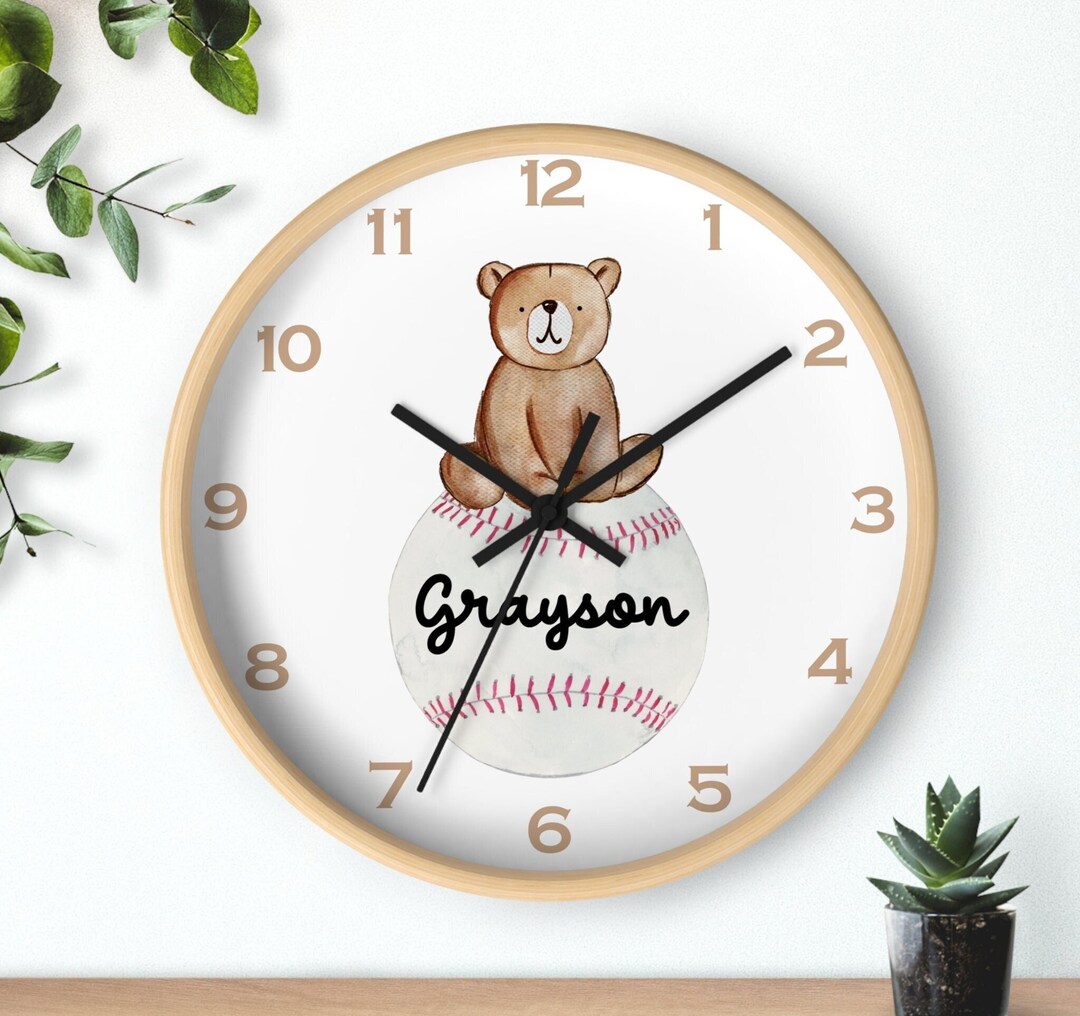 Personalized Baseball Bear Wall Clock, Custom Kids Baseball Wall Clock ...