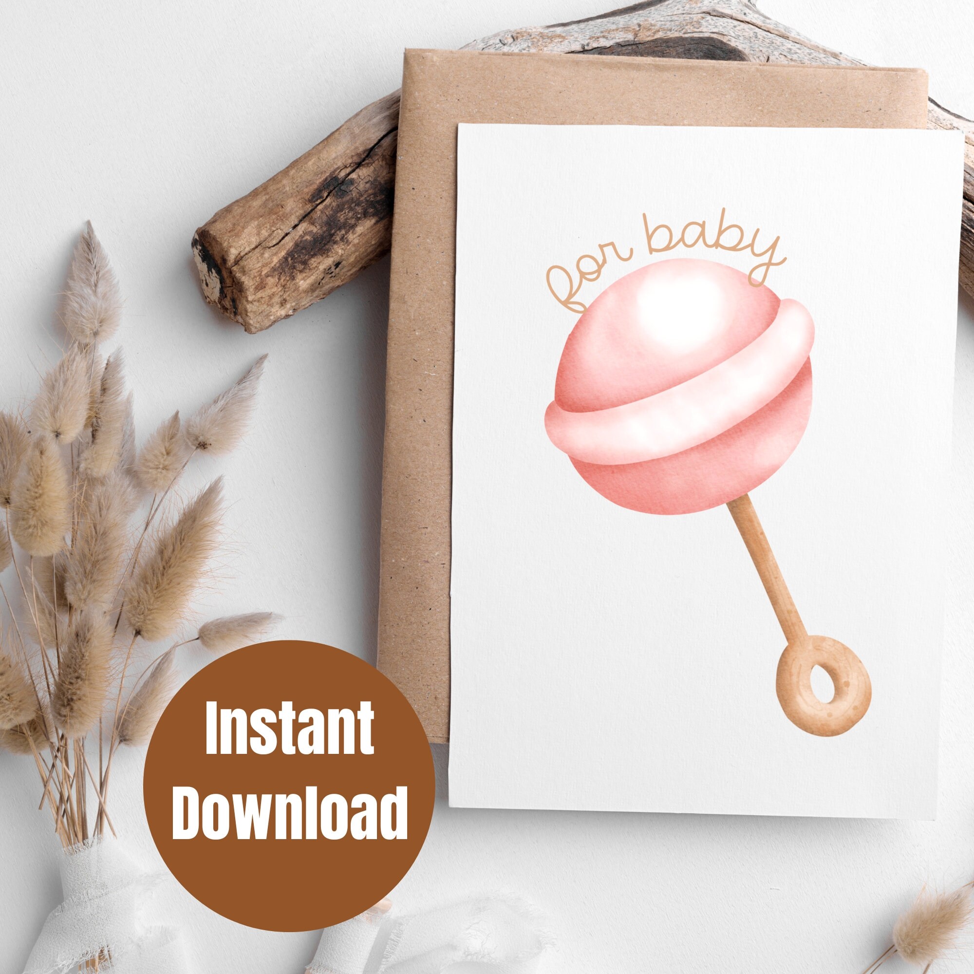Pink Rattle Printable Baby Shower Greeting Card, Digital Baby Shower ...