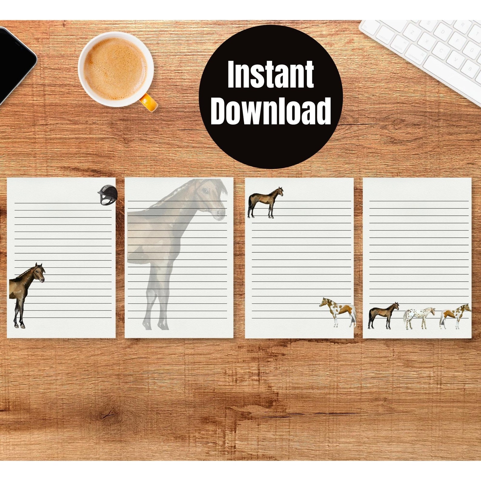 4 Page Equestrian Printable Stationery Set, Horse Stationery Set, 8 ...