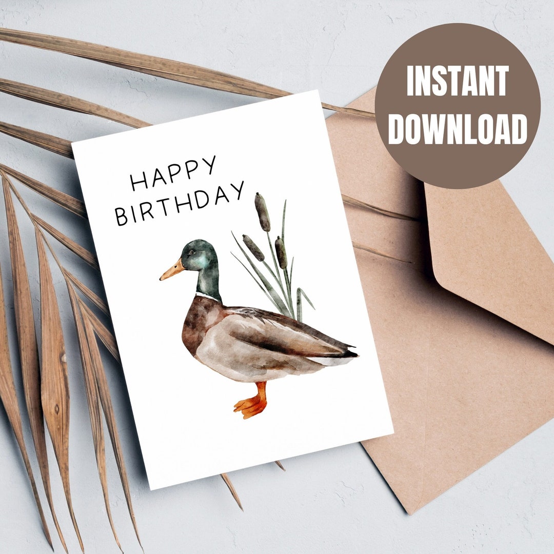 Printable Watercolor Duck Digital Birthday Card, Digital Printable Duck ...
