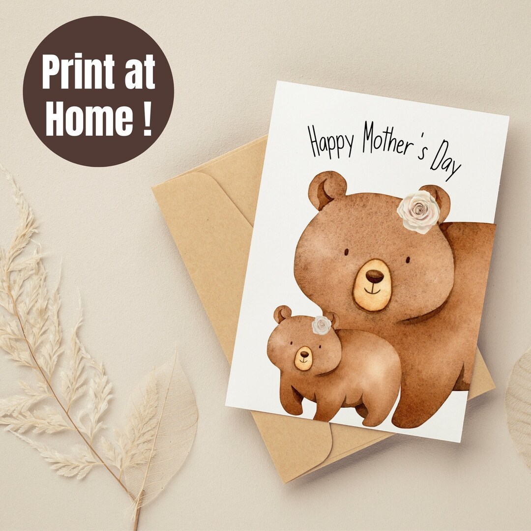 Printable Boho Mama Bear and Baby Bear Digital Mother's Day Card, 5x7 ...