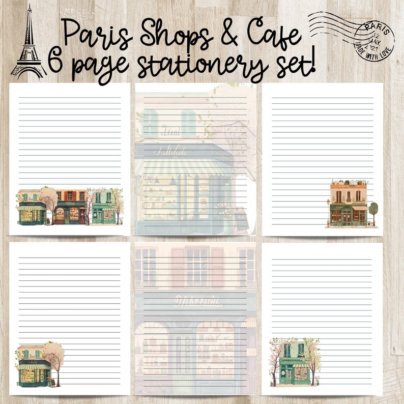 6 Page Pretty Paris Shops & Cafe Printable Stationery Set, Paris ...