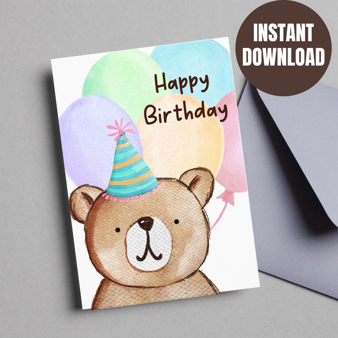 Printable Cute Bear Digital Birthday Card, Digital Printable Birthday ...