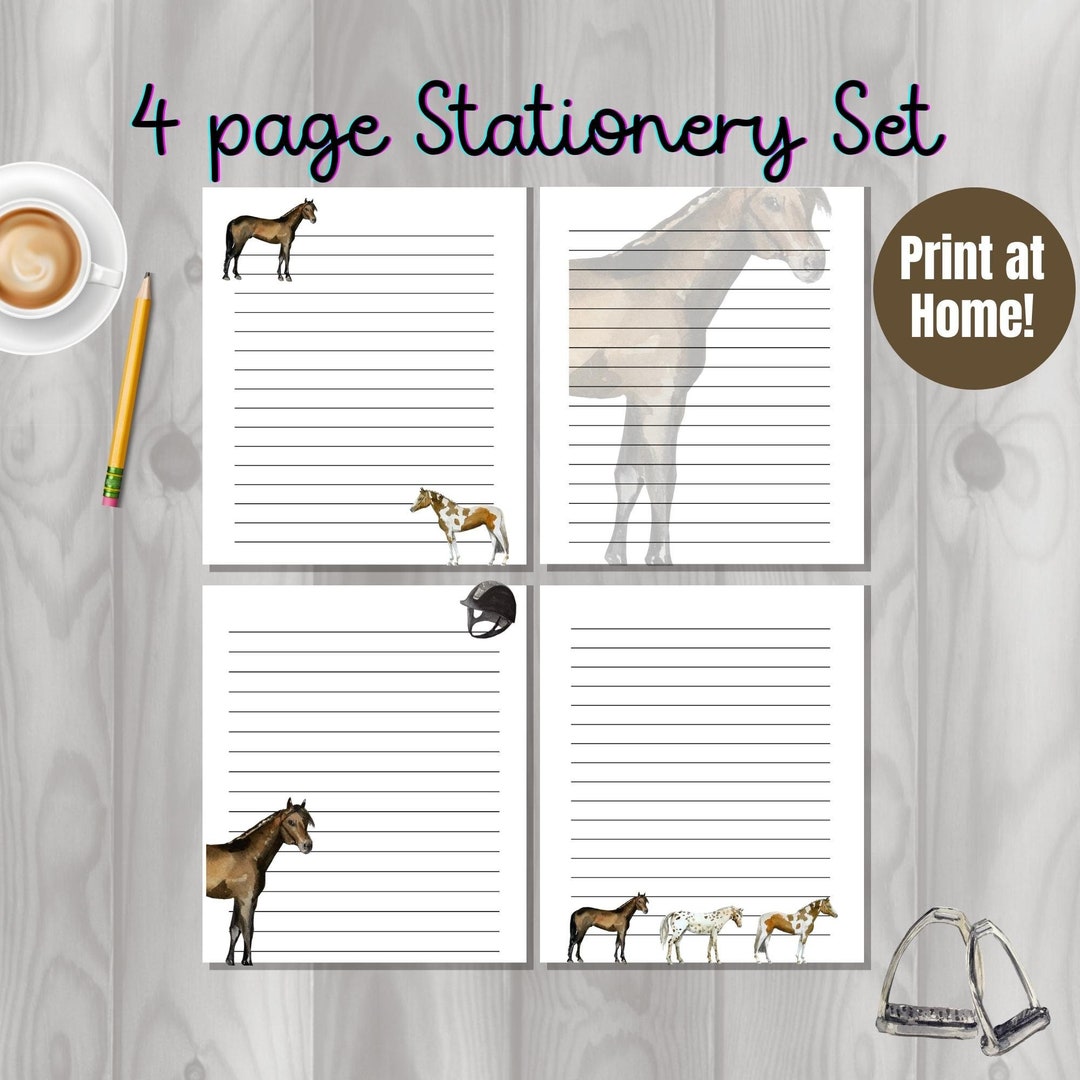 4 Page Equestrian Printable Stationery Set, Horse Stationery Set, 8 ...