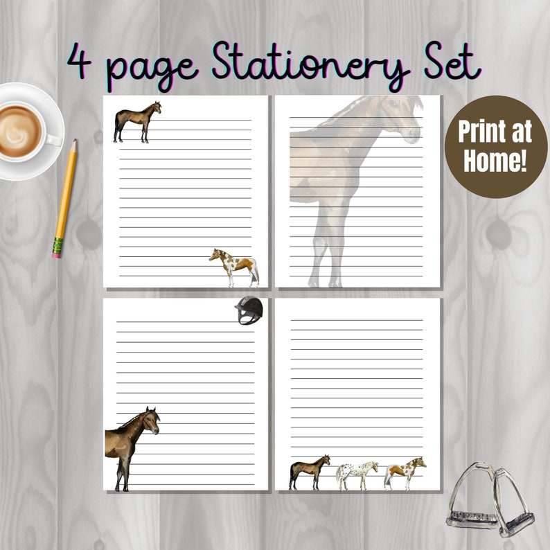 4 Page Equestrian Printable Stationery Set, Horse Stationery Set, 8 ...