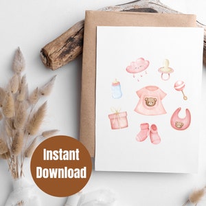 Pink Printable Baby Shower Greeting Card, Digital Baby Shower Card ...