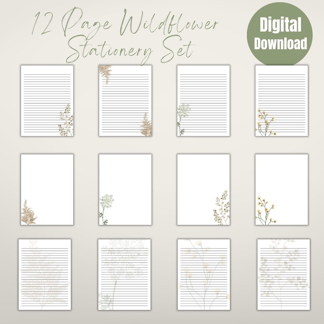 12 Page Boho Wildflower Printable Stationery Set, Wildflower Stationery ...