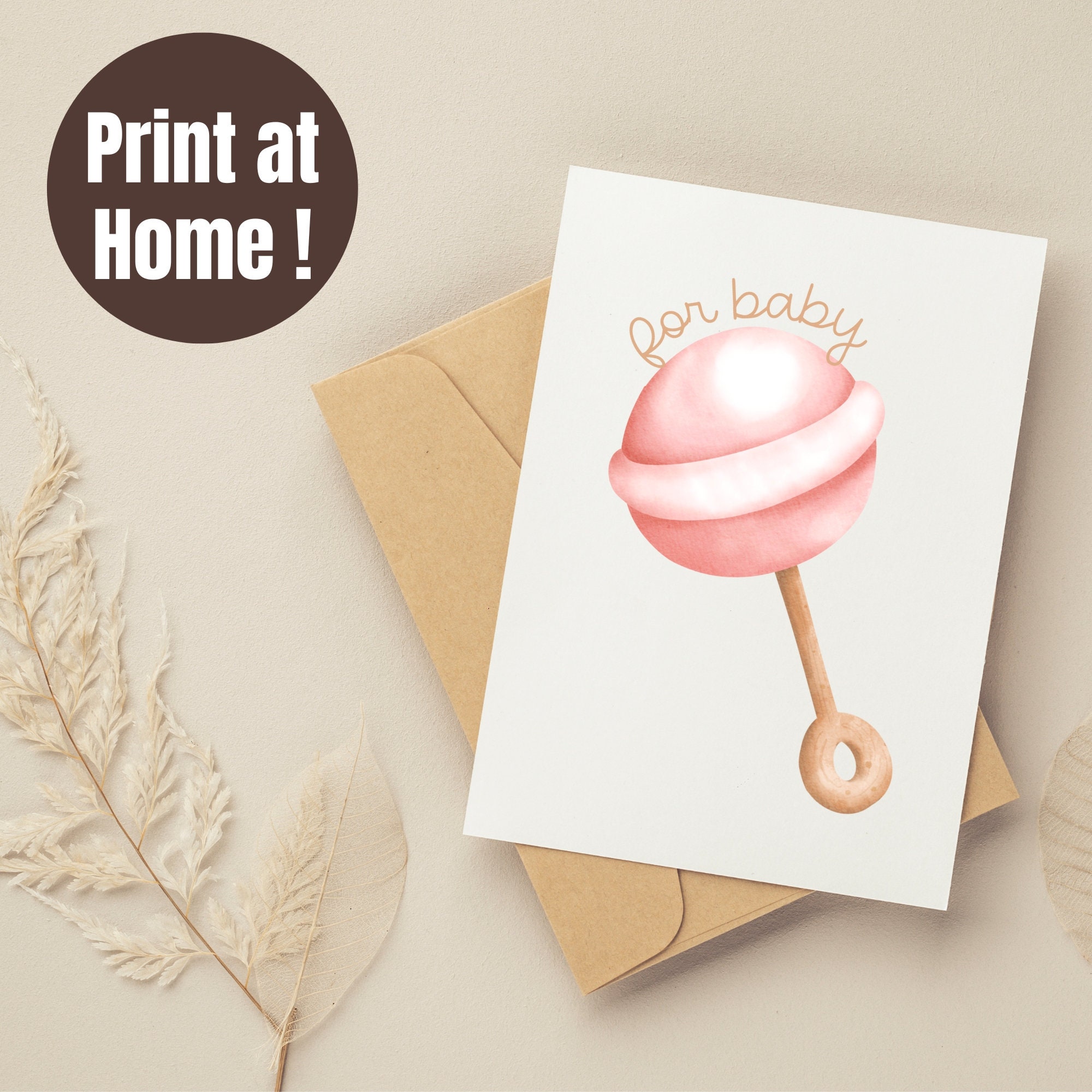 Pink Rattle Printable Baby Shower Greeting Card, Digital Baby Shower ...