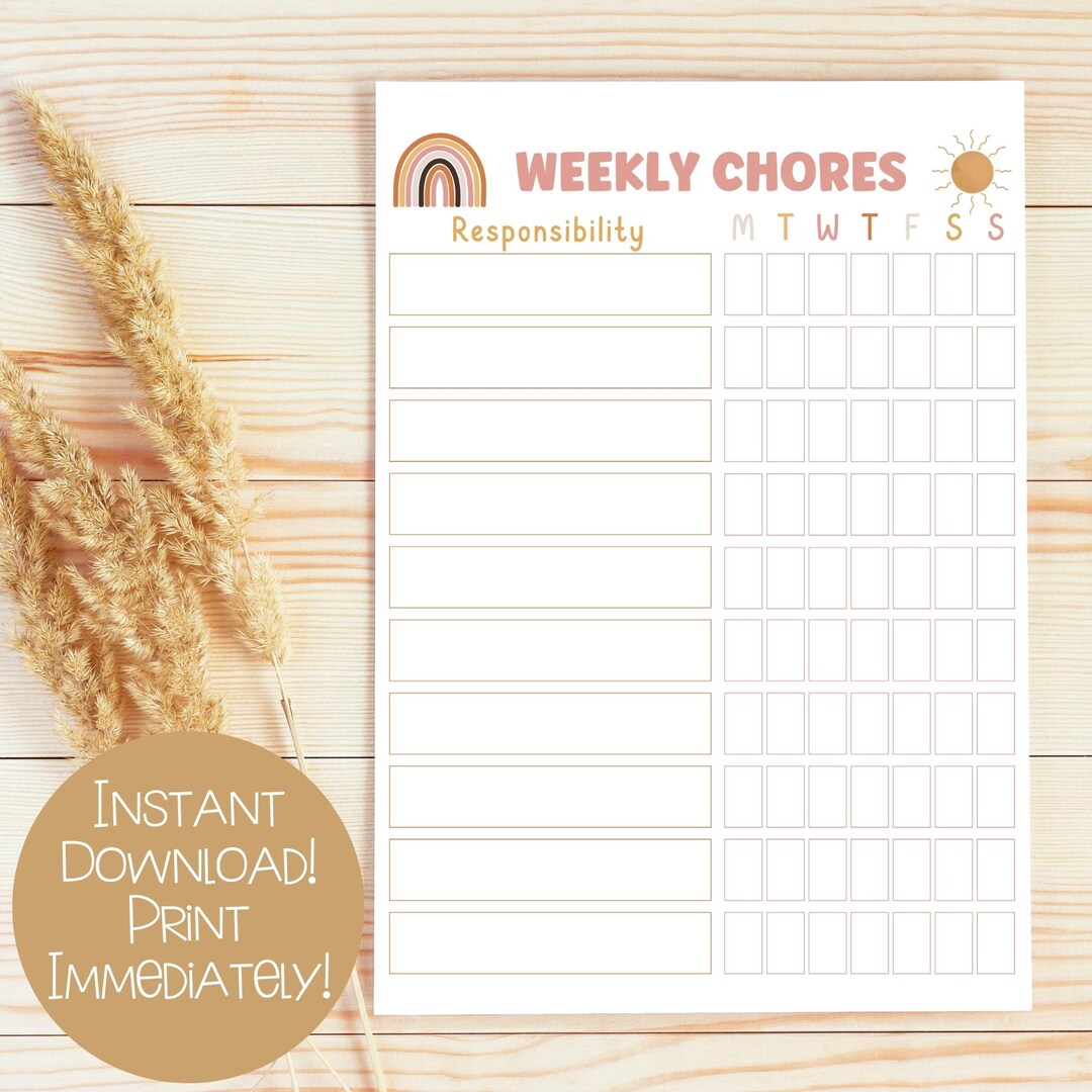 Boho Rainbow Printable Kids Chore Chart, Kids Printable Chore Chart ...