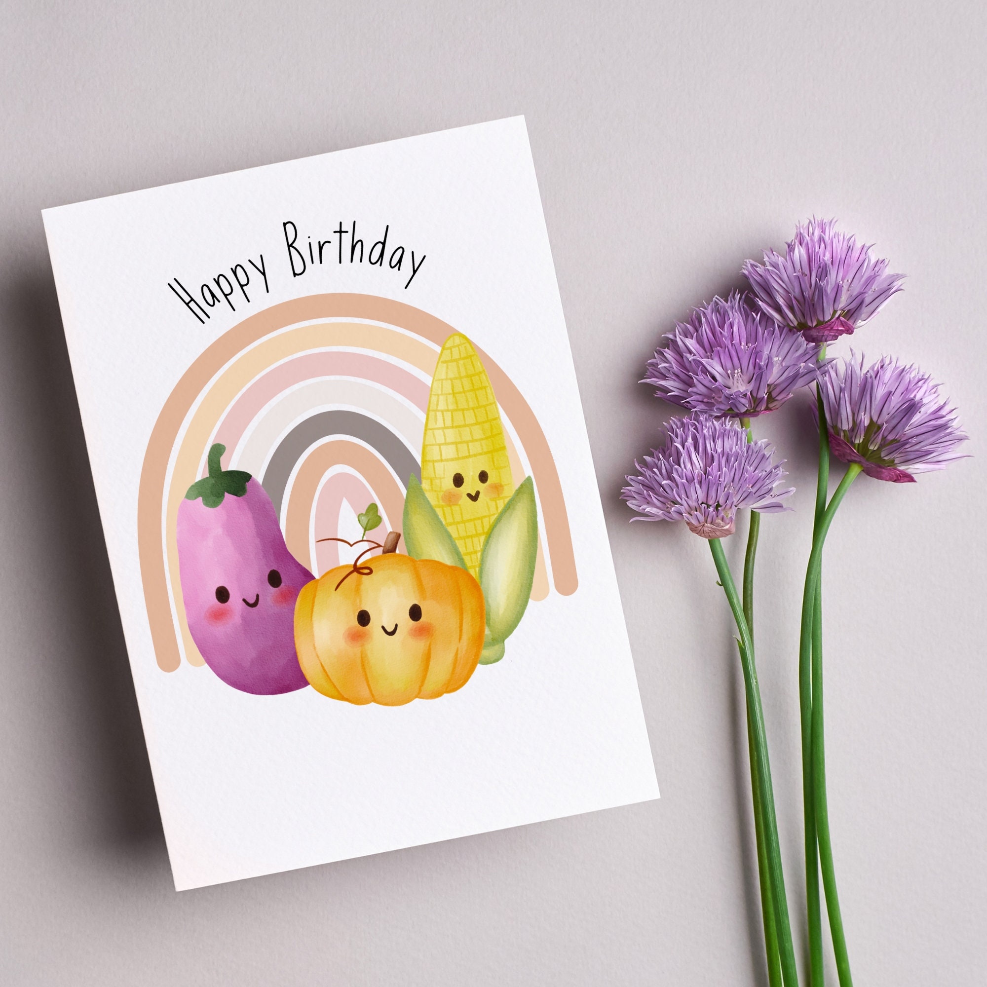 Printable Cute Vegetable Boho Rainbow Digital Birthday Card, Digital ...