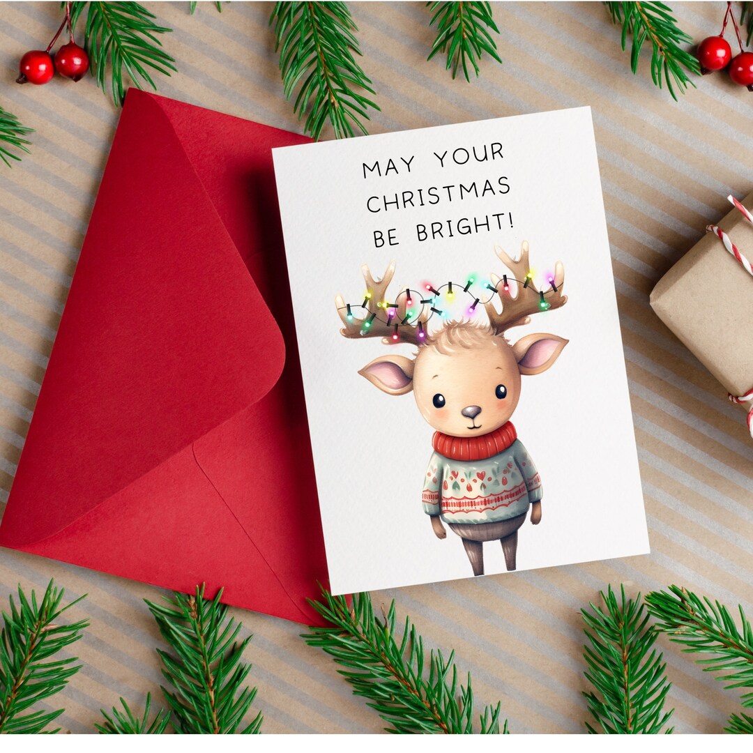 Reindeer With Christmas Lights in His Antlers Digital Christmas Card ...