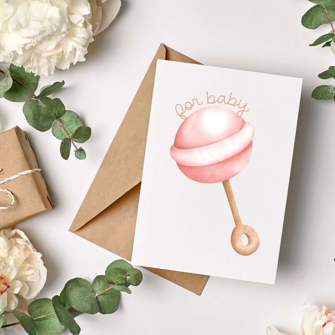 Pink Rattle Printable Baby Shower Greeting Card, Digital Baby Shower ...