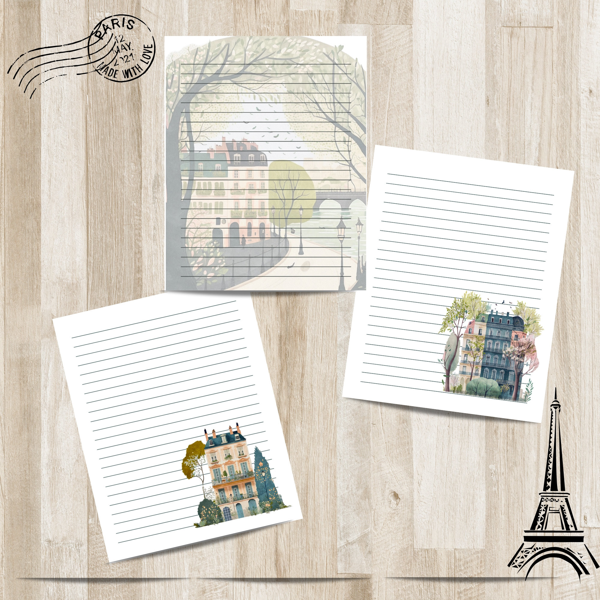 6 Page Pretty Paris Houses Printable Stationery Set, Paris Stationery ...