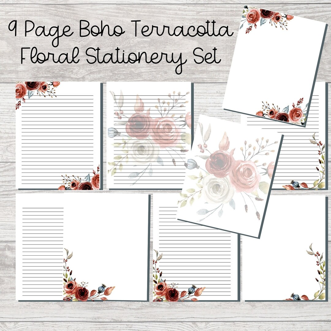 9 Page Boho Terracotta Floral Printable Stationery Set, 8.5x11 Digital ...