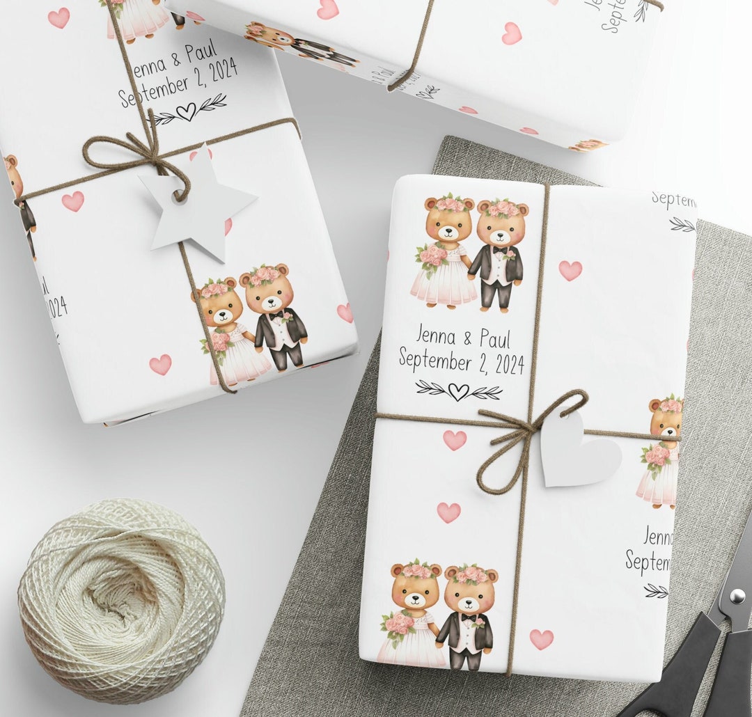 Personalized Cute Bear Couple Wedding Gift Wrap, Custom Bear Wedding ...