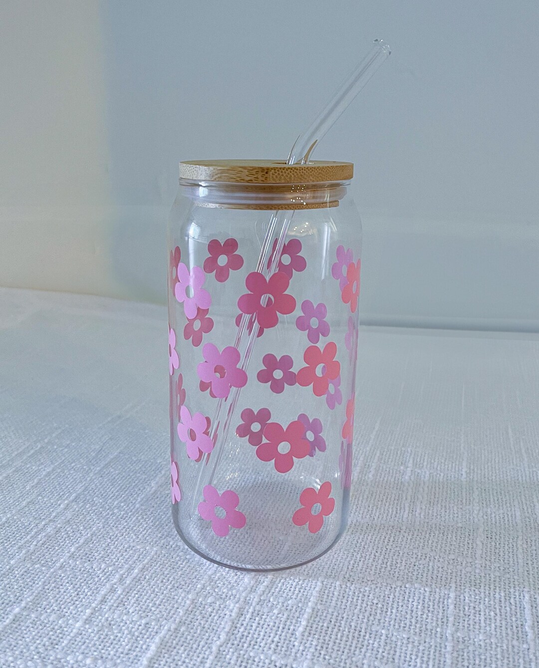 Iced Coffee Glass Cup With Lid and Straw, Floral, Flowers, White Small ...