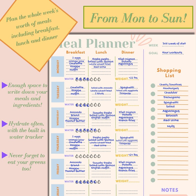 Colorful Meal Planner BUNDLE, Colorful Weekly Food Diary, Meal Tracker ...
