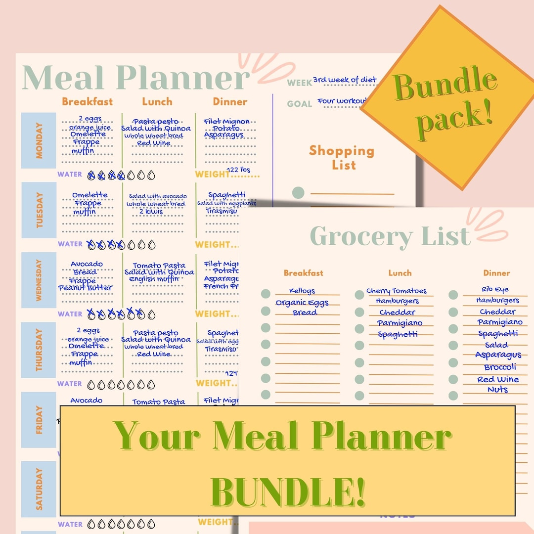 Colorful Meal Planner BUNDLE, Colorful Weekly Food Diary, Meal Tracker ...