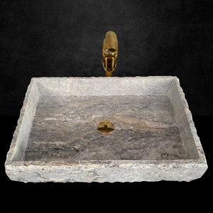 Handcrafted Silver Travertine Rectangular Sink: Natural Stone Washbasin ...