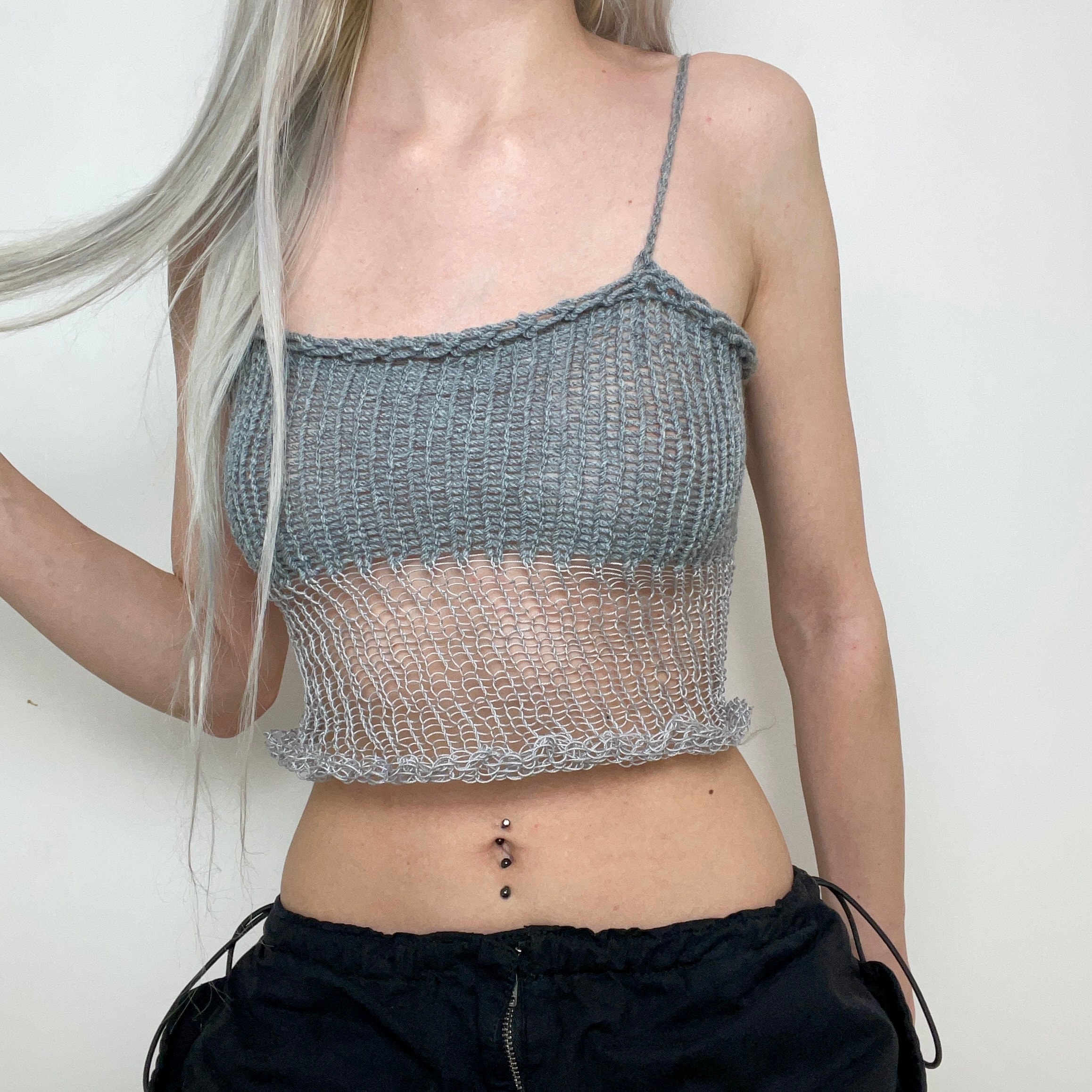 SPECTRE Top Distressed Knitted Crochet Grey Mesh Cropped Cami ... SPECTRE Top Distressed Knitted Crochet Grey Mesh Cropped Cami ...