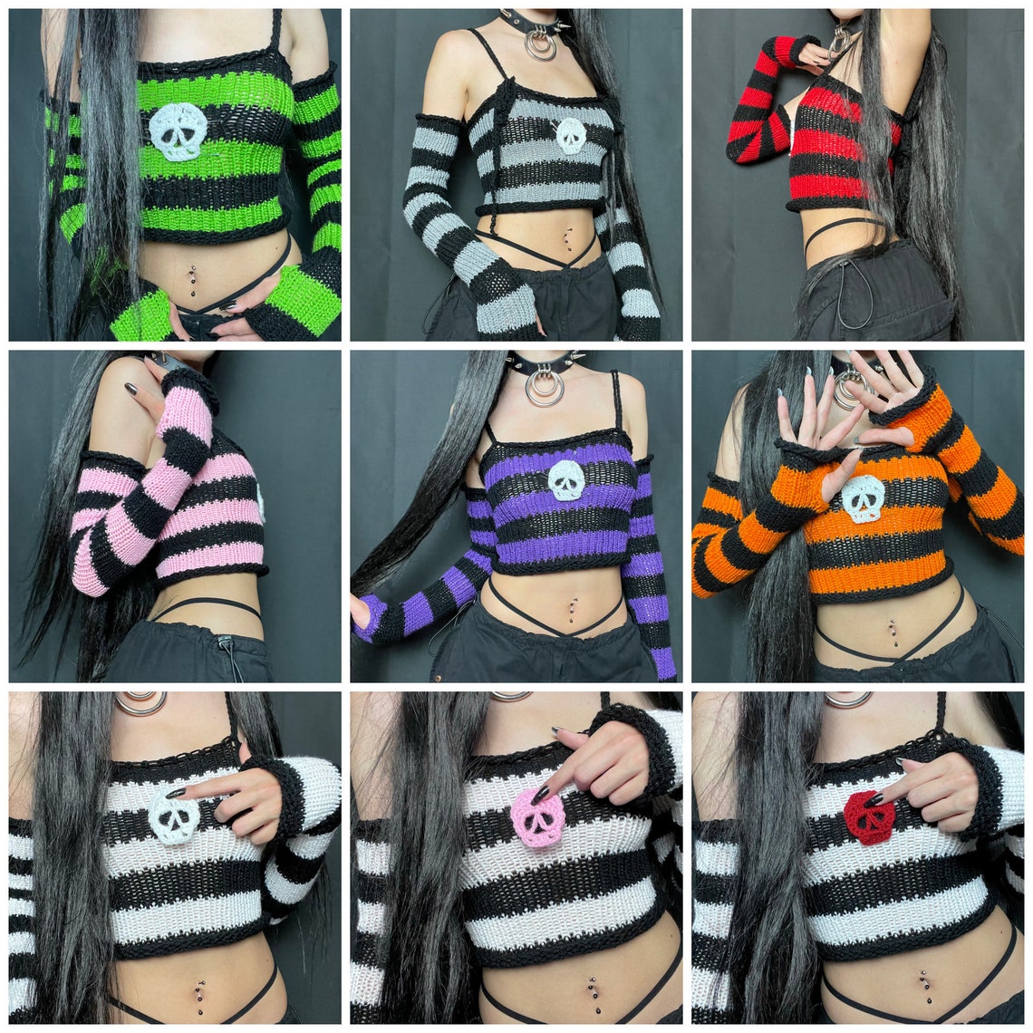 Omen Set Knitted Crochet Top Sleeves Arm Warmer Coord Skull Stripe ...