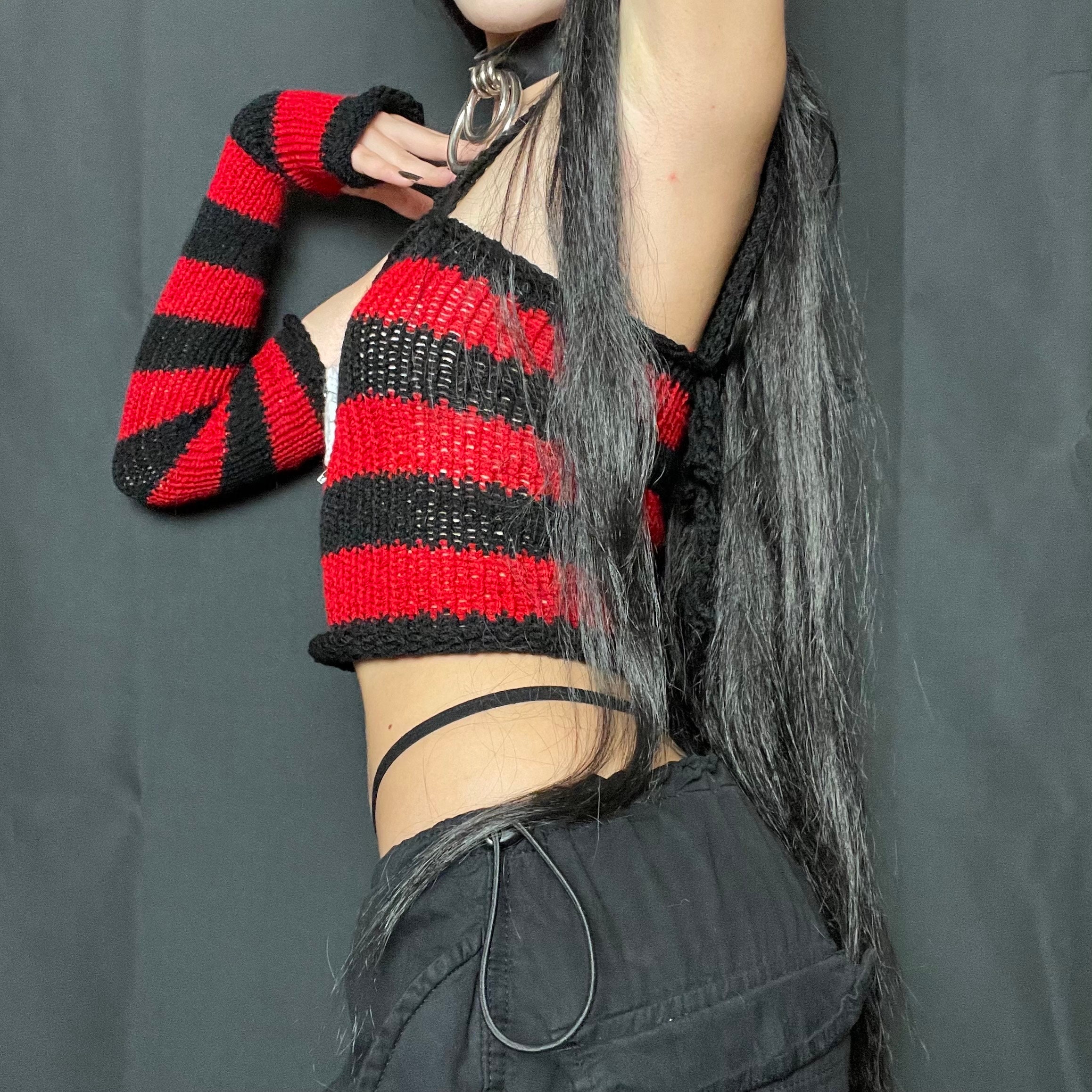 Omen Set Knitted Crochet Top Sleeves Arm Warmer Coord Skull Stripe ...