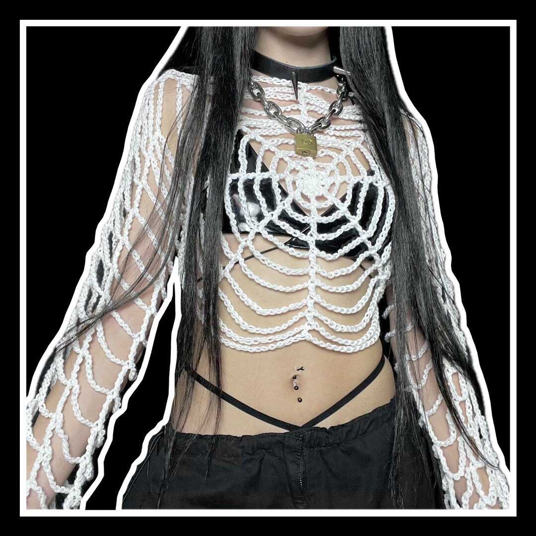 ORB WEAVER - Crochet Knit Spider Web Cobweb Top Flared Sleeves Mesh ...