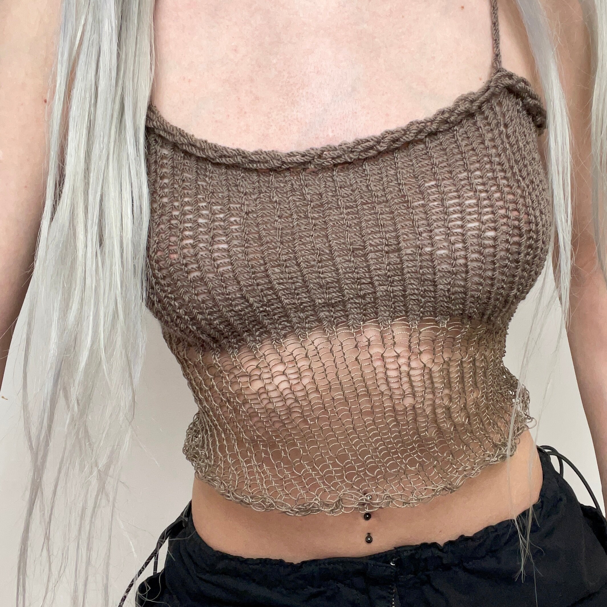SPECTRE Top Distressed Knitted Crochet Brown Taupe Mesh Cropped Cami ... SPECTRE Top Distressed Knitted Crochet Brown Taupe Mesh Cropped Cami ...