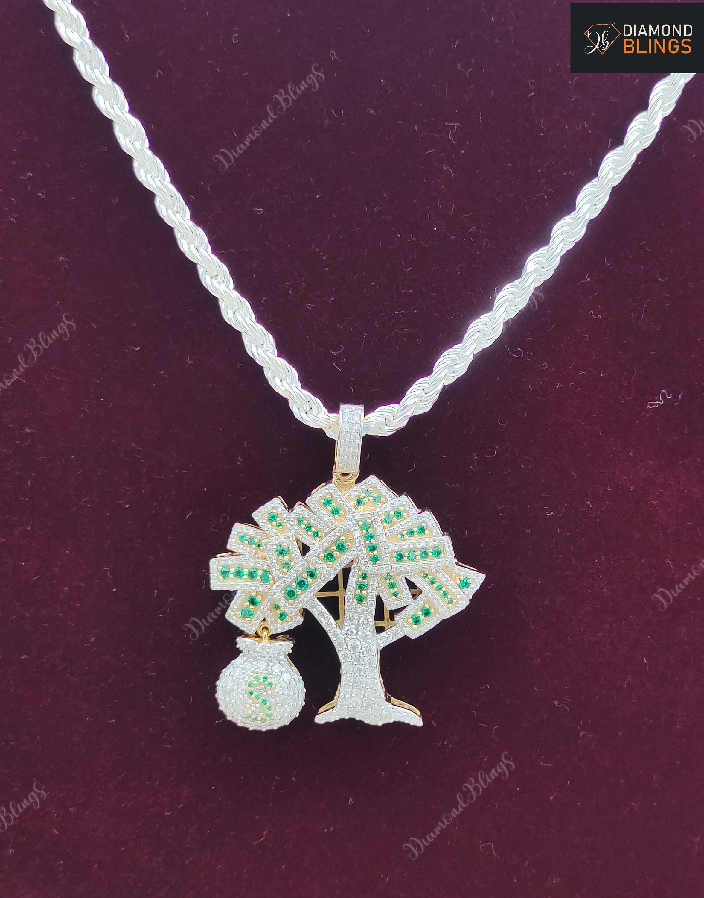 VVS Moissanite Diamond Money Tree With Bail Pendant, Iced Out Silver ...