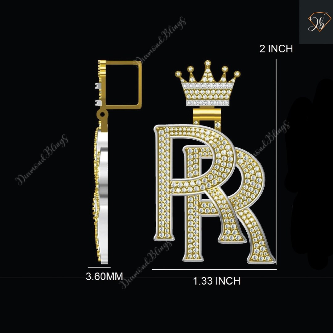 Iced Out Initials RR With Crown Bail Pendant, Bust Down VVS Moissanite ...