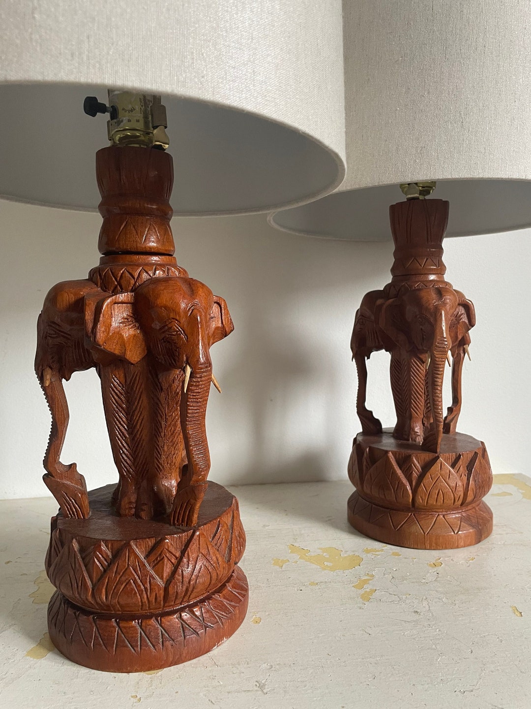 Vintage Hand Carved Teak Elephant Lamps - Etsy