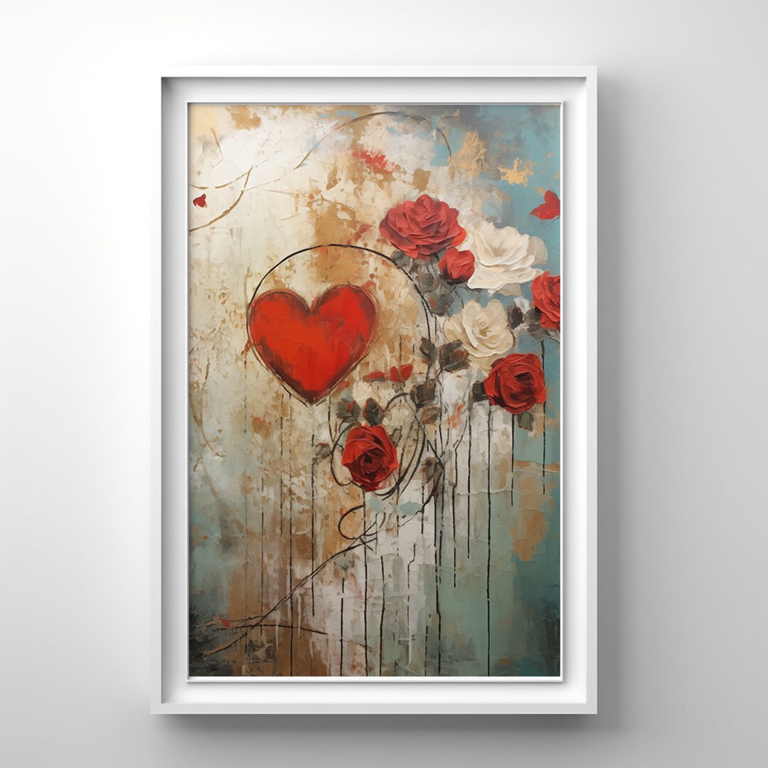 Valentines Day Red Heart Print, Abstract Vintage Wall Art, Floral Art ...