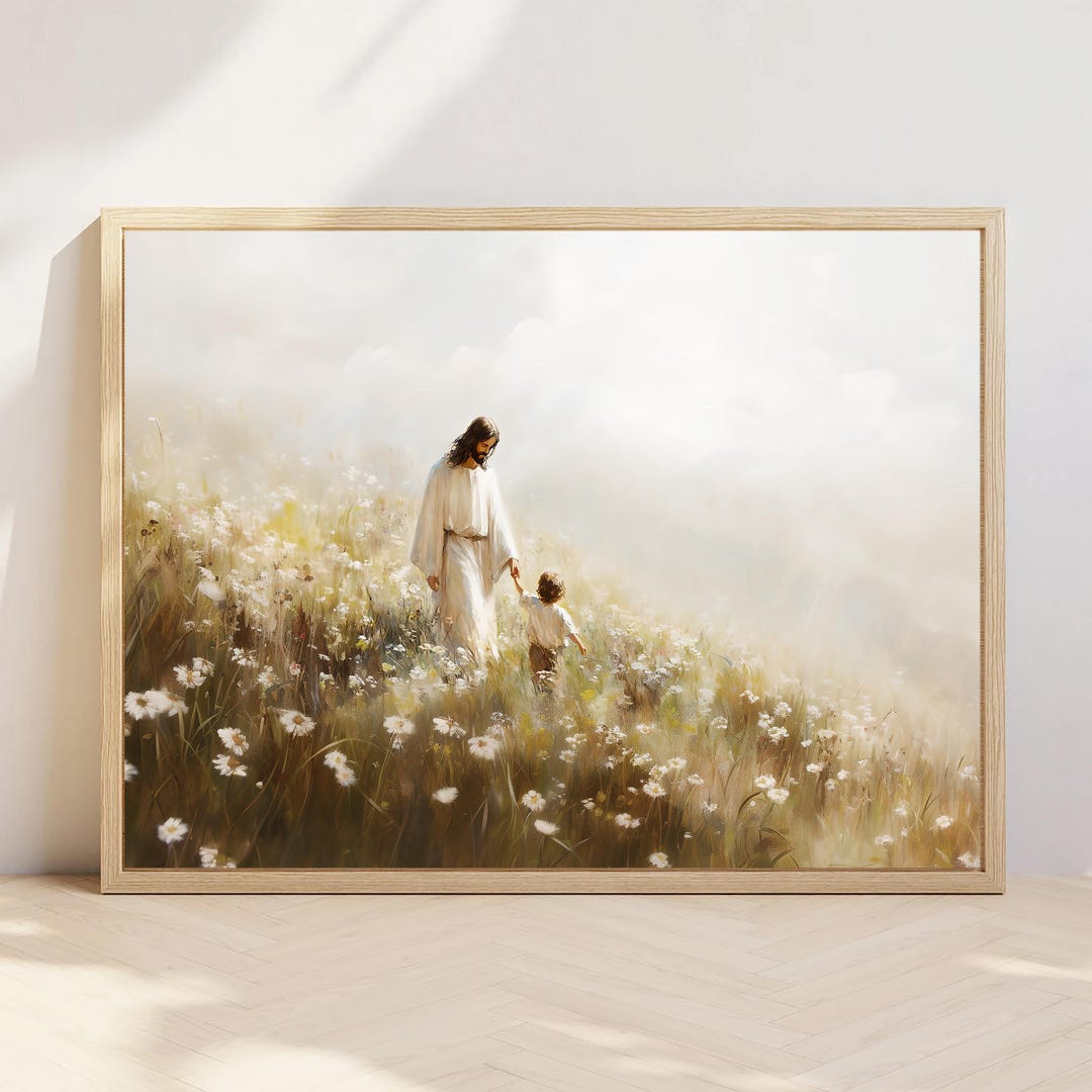 Jesus Christ Art Print: Savior With Child in Floral Meadow (digital ...