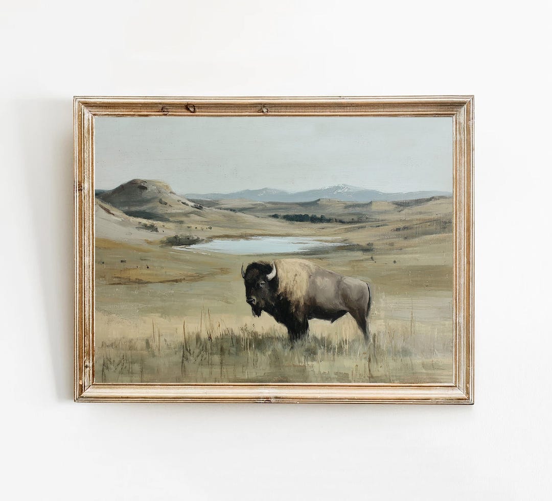 Rustic Bison Landscape Painting: Vintage Cabin Wall Art (digital ...