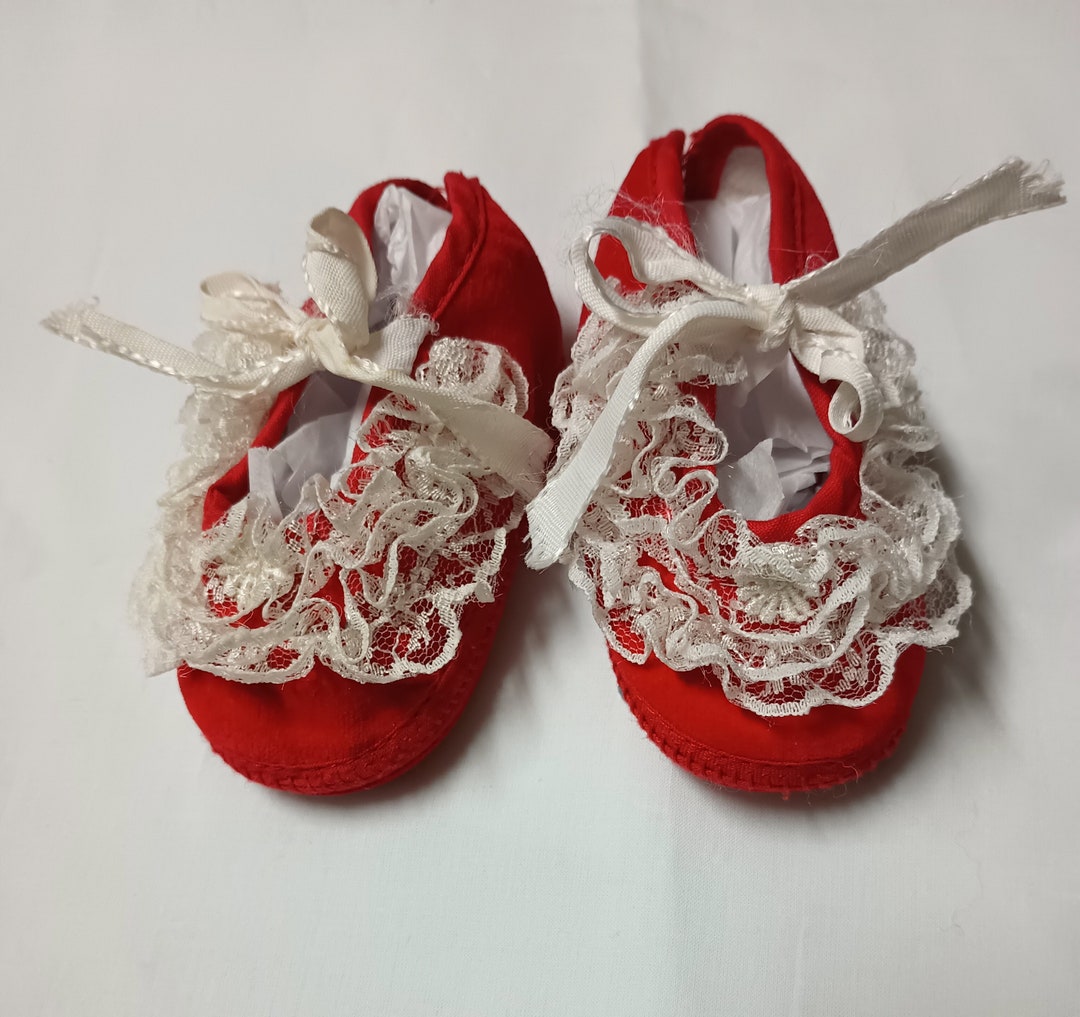 Red Baby Booties Trimmed With White Lace 4 - Etsy