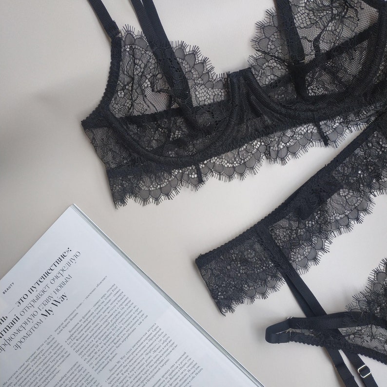 Lace lingerie Eyelash Lingerie Set Black lingerie set Handmade lingerie ...