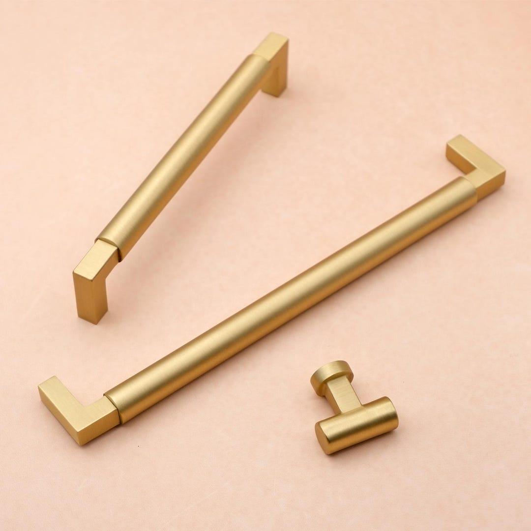 Satin Brass Cabinet Pull Handles, Solid Brass Drawer Pulls, Gold Brass ...
