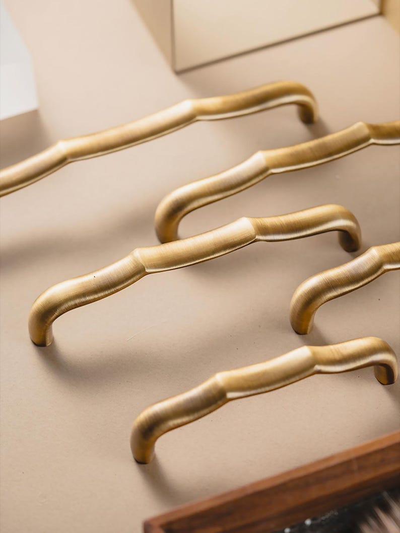 Wavy Aged Brass Cabinet Handles, Bamboo Antique Dresser Pulls, Curved ...