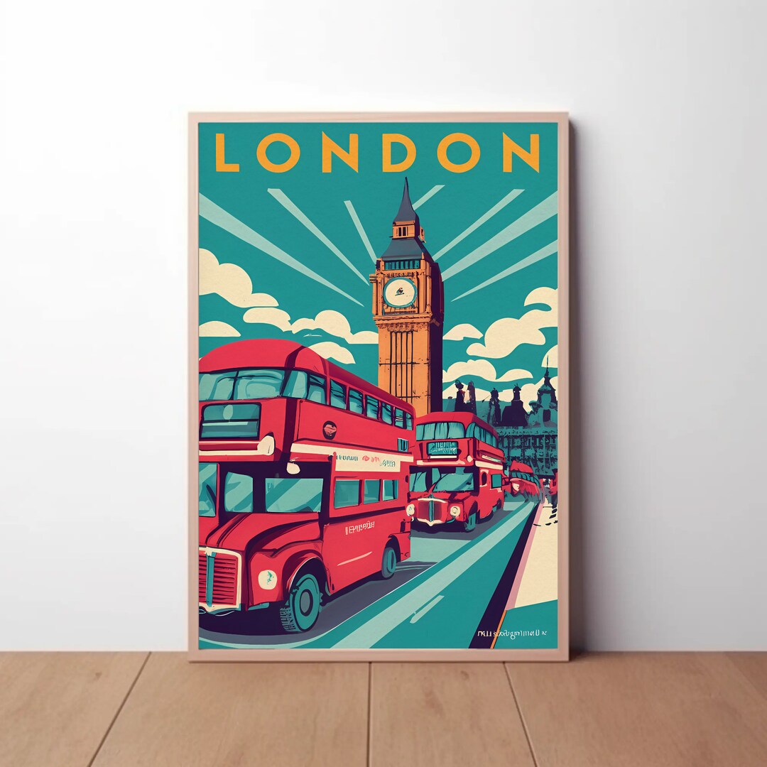 London in Pop Art Splendor: Big Ben & Red Buses in Maroon and Turquoise ...