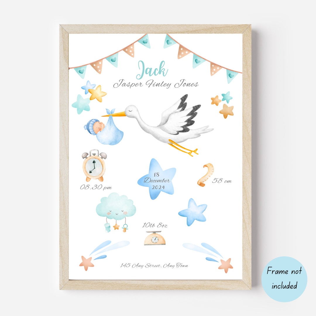 Stork With Baby Nursery Print Decor Wall Art Poster Name Sign Birth ...