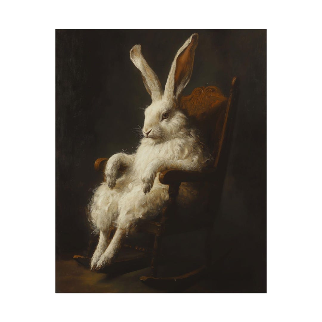 Dark Academia White Hare Bunny in Rocking Chair | Old Master Painting ...