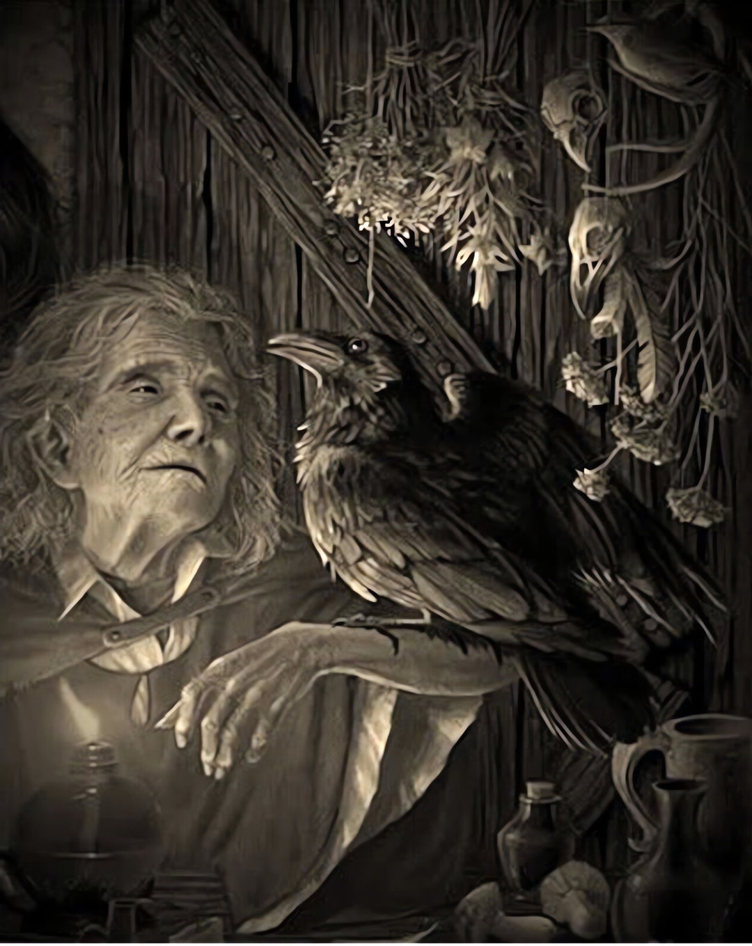 Witch and Raven Print: Antique Etching Reproduction, Halloween Decor ...