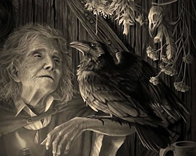 Witch and Raven Familiar, Antique Reproduction Print, Halloween, Pendle ...