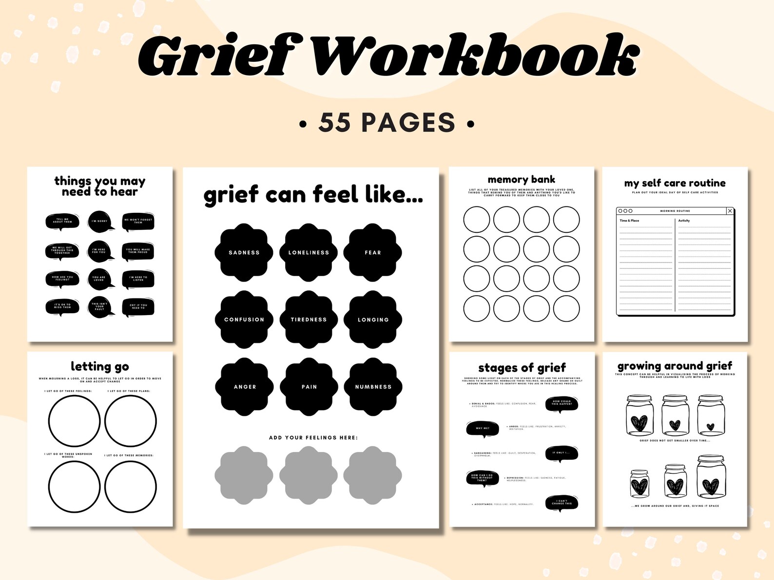 Grief Worksheets, Self Care Workbook, Grief Therapy Journal, Processing ...