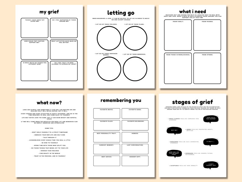 Grief Worksheets, Self Care Workbook, Grief Therapy Journal, Processing ...
